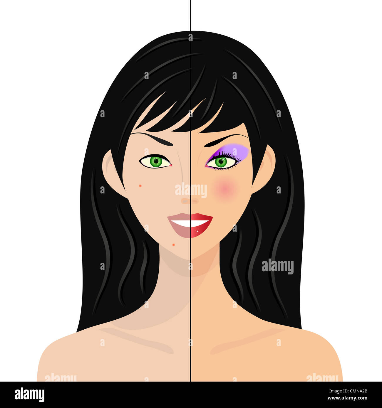 portrait of woman, half natural, half with make up and retouched Stock ...