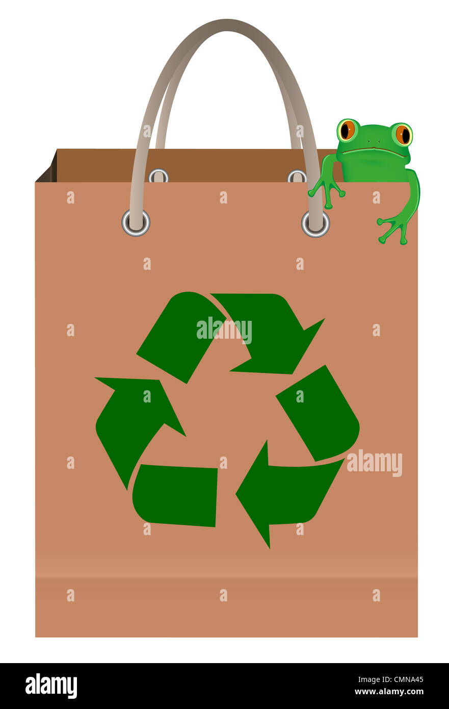 Green tree frog sitting on paper bag with recycle symbol Stock Photo ...