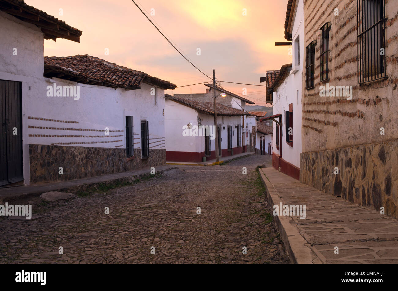 Cobblestone streets of alpine village Tapalpa Mexico at daybreak Stock ...