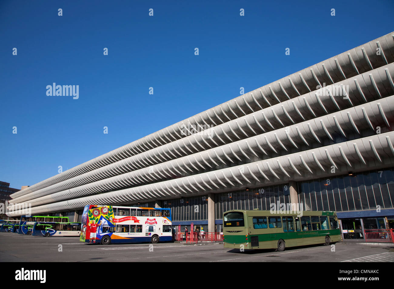 The distinctive curved balconies of Preston bus station on a sunny ...