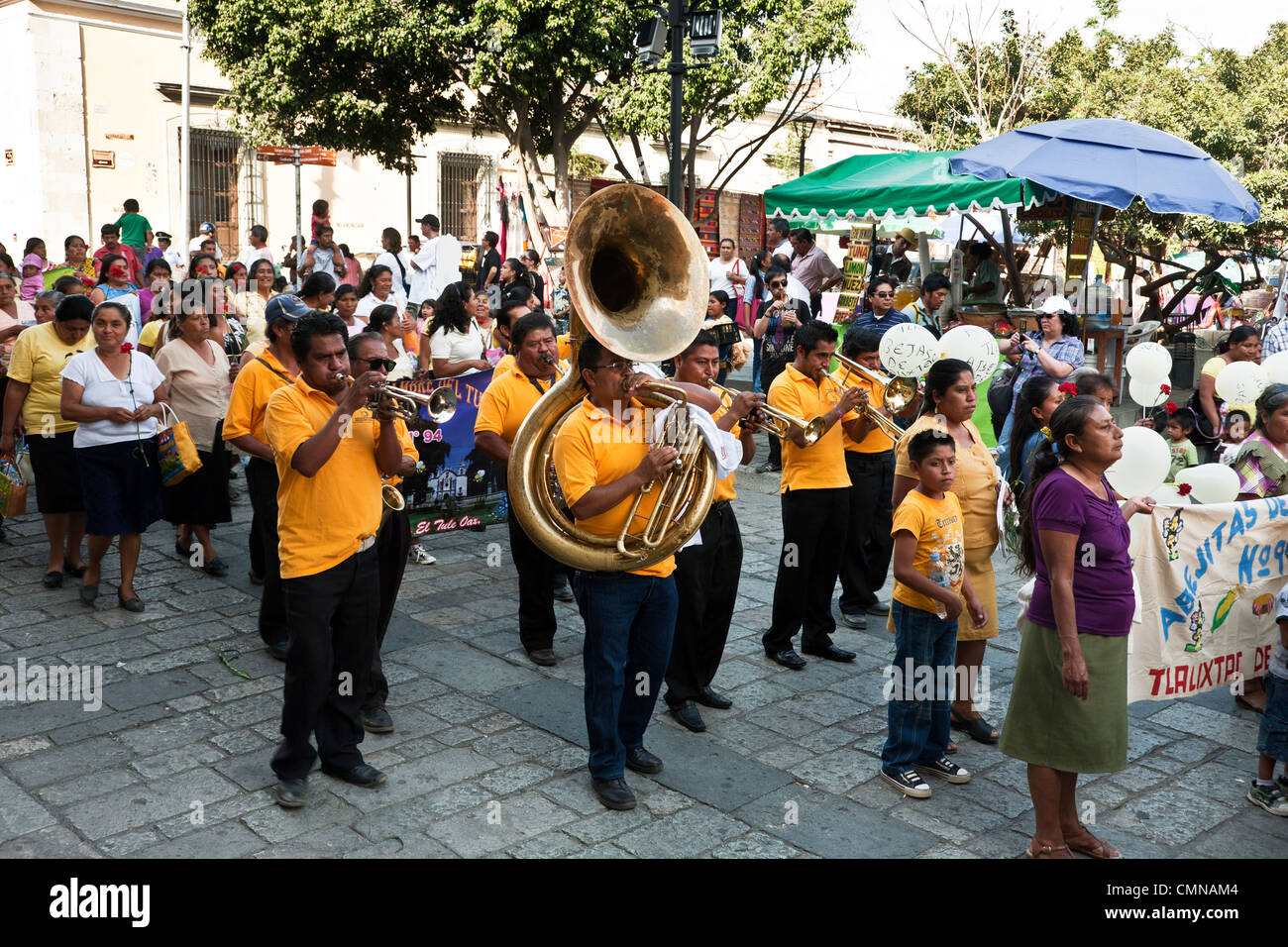 brass band playing lustily accompanies march of women down Alcala to ...