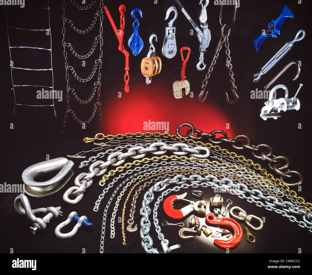 Assorted heavy duty industrial chains, hooks, pulleys Stock Photo - Alamy