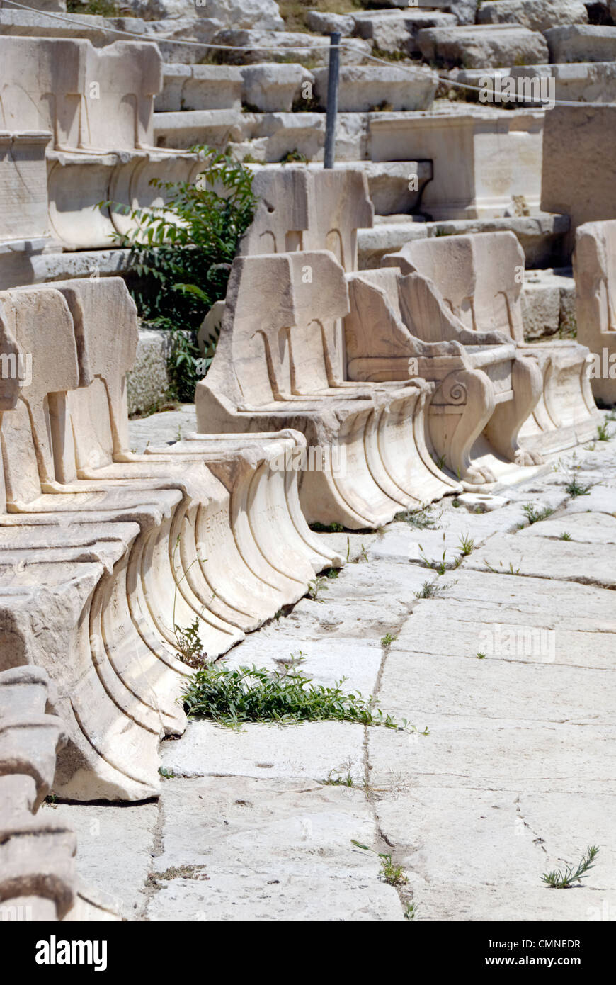 Athens. Greece. View at the Theatre of Dionysos of the first row seats ...