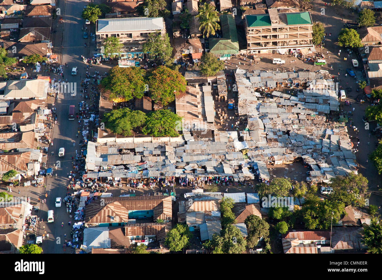 Market in Moshi town center, aerial view, Kilimanjaro Region, Tanzania ...