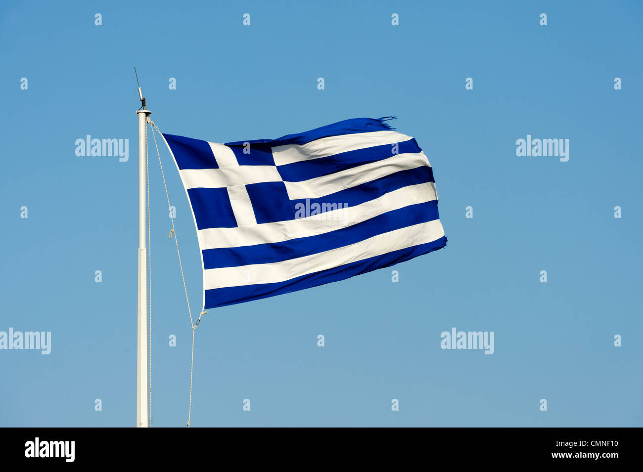 Athens. Greece. View of the national flag of Greece flying high and ...