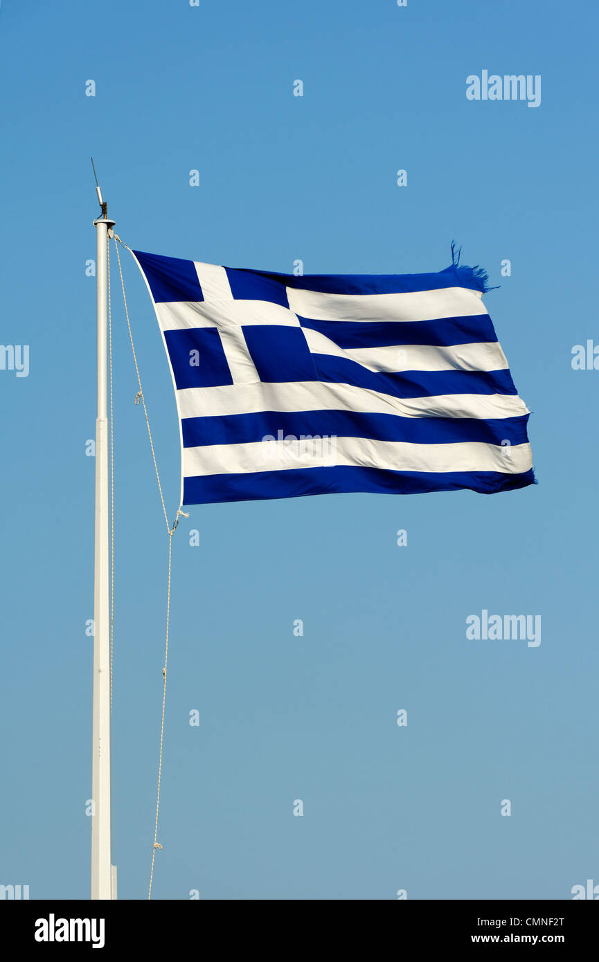 Athens. Greece. View of the national flag of Greece flying high and ...