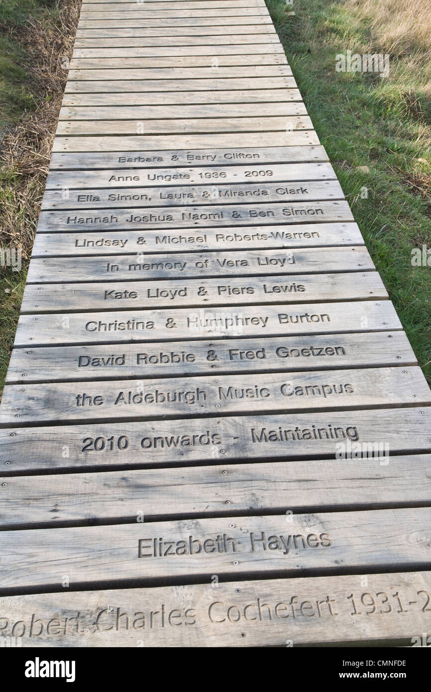 Wooden walkway with list of benefactors Snape Maltings, Suffolk ...