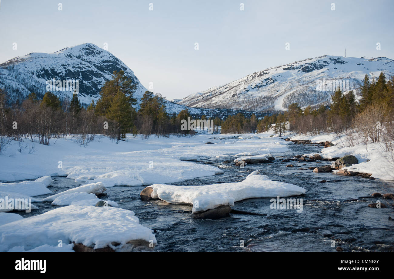 Winter in Hovden/South Norway, with Otra river and skiing mountain ...