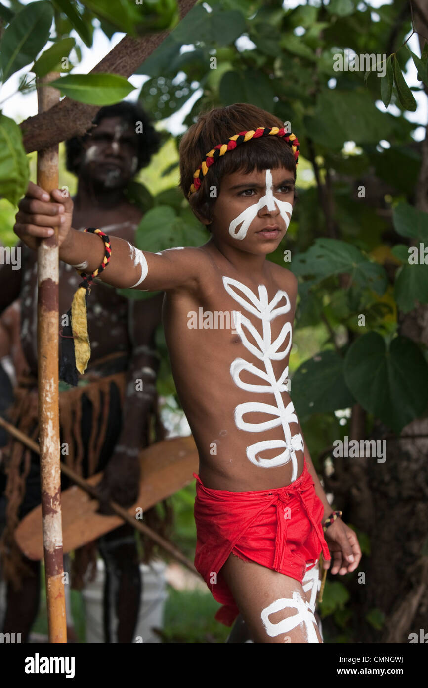 Indigenous boy during re-enactment of Captain Cook's landing. Cooktown ...