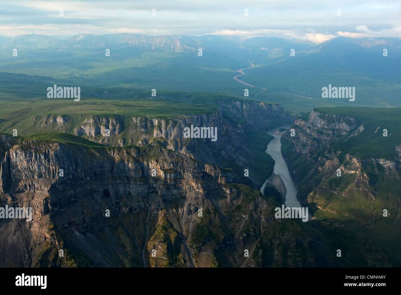 Aerial view of First Canyon with the Nahanni River flowing through it ...