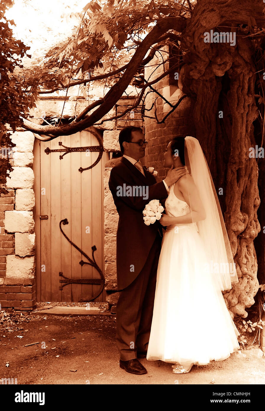Just married bride and groom are standing under tree Stock Photo - Alamy