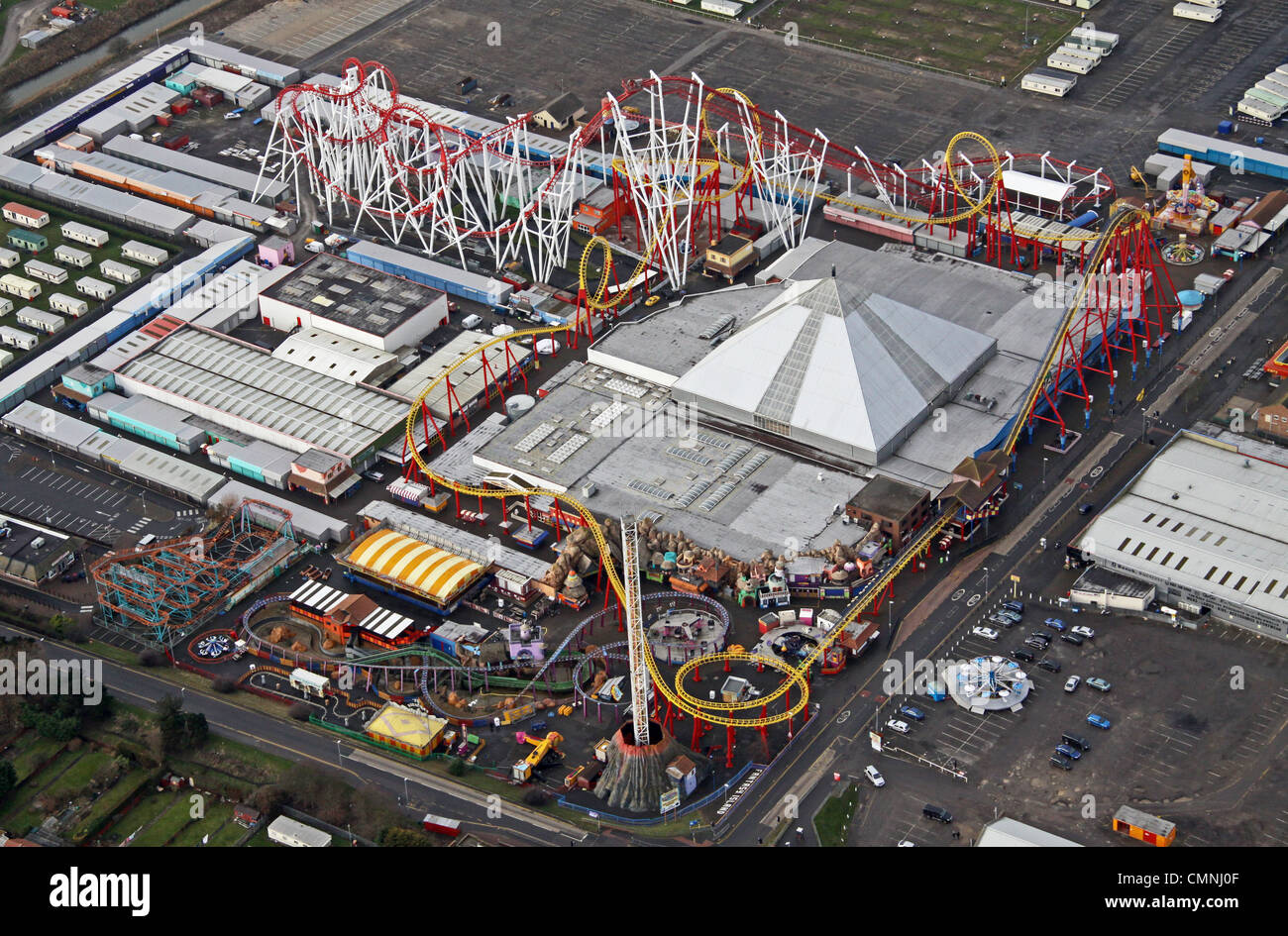 aerial view of a rollercoaster at a fun fair theme park in Skegness ...