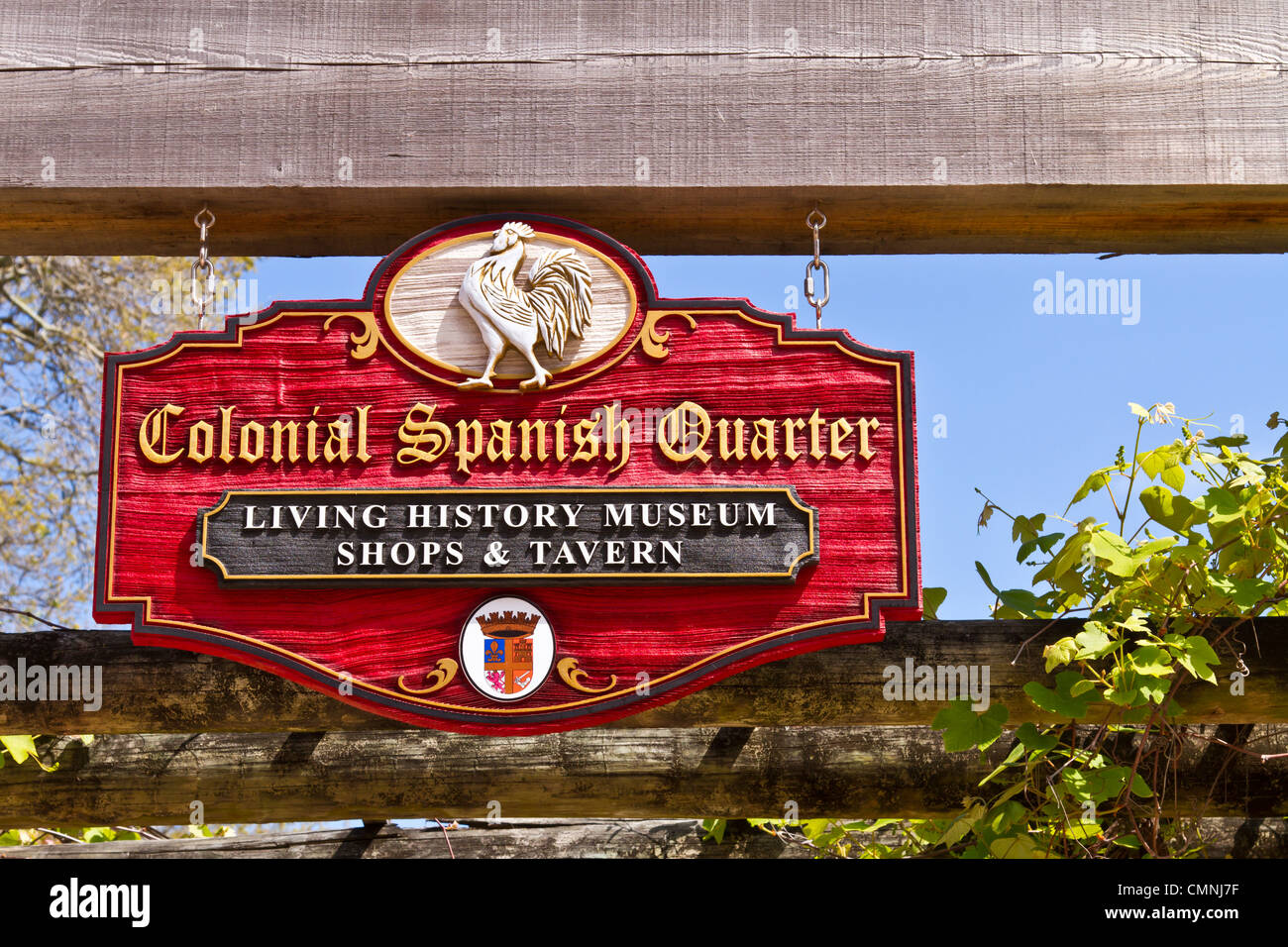 A sign for the Colonial Spanish Quarter in historic St. Augustine ...