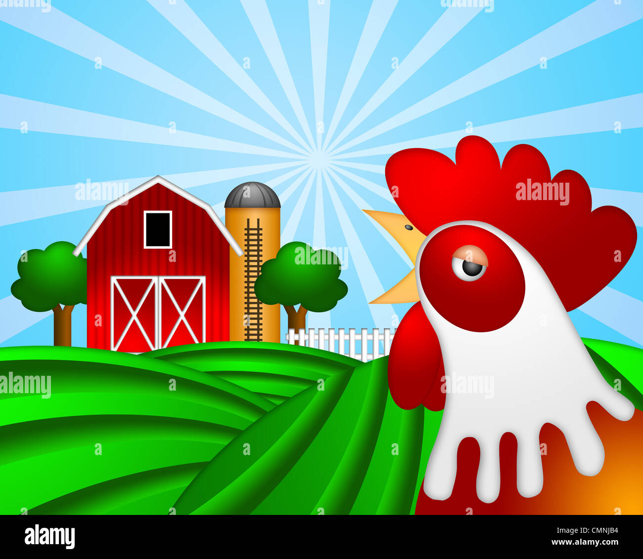 Rooster on Green Pasture with Red Barn with Grain Elevator Silo and ...