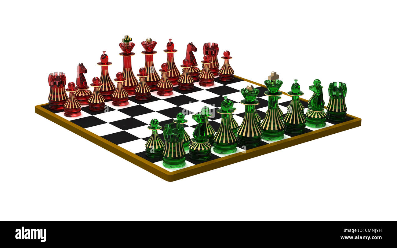 Set of chess figures on the chessboard, ready for playing, 3d render ...