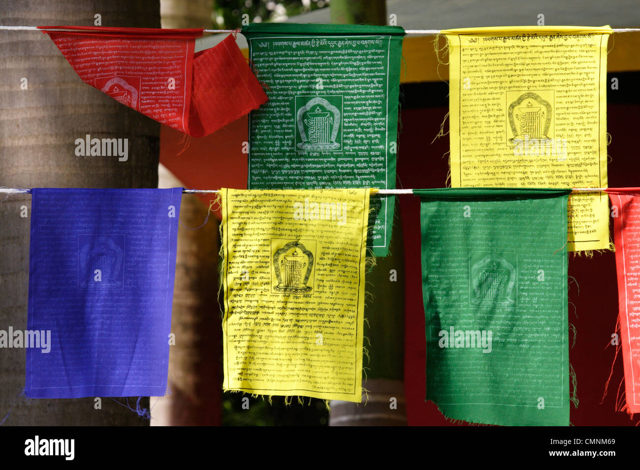 Tibetan prayer flags outside the Golden Buddha monastery at Kushalnagar ...