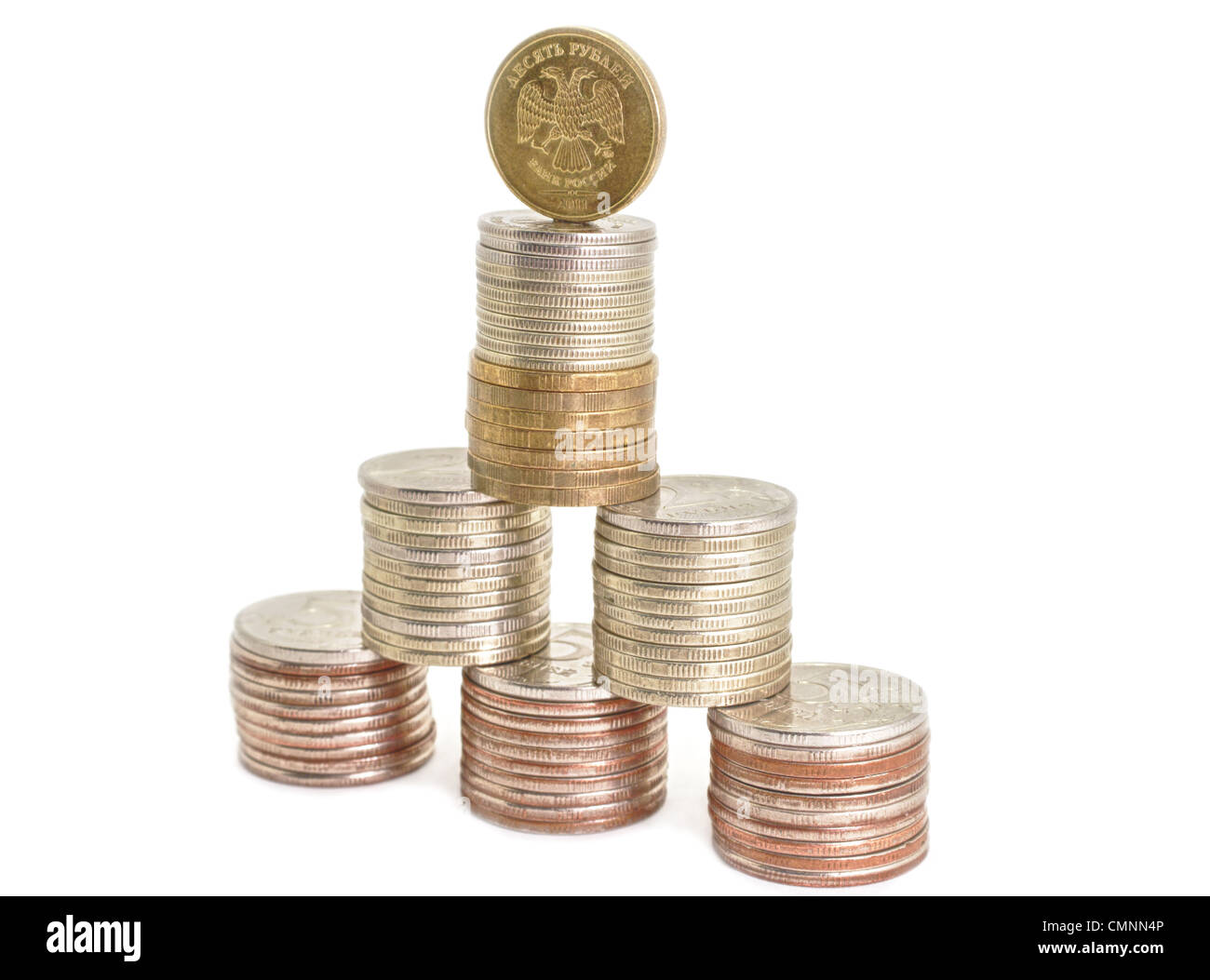 Money Coins in financial pyramid on white background Stock Photo - Alamy