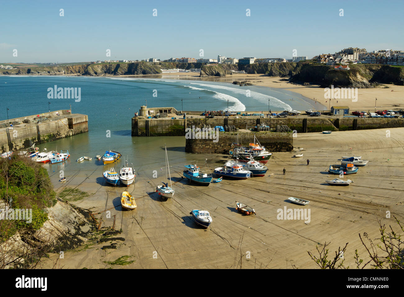 Newquay harbour boats on the beach at low tide, Cornwall UK Stock Photo ...