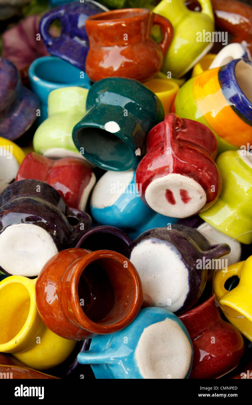 Variety of colorful handmade pots at outdoor market in Mexico Stock ...