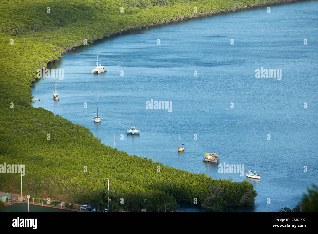 Boats moored in the Endeavour River. Cooktown, Queensland, Australia ...