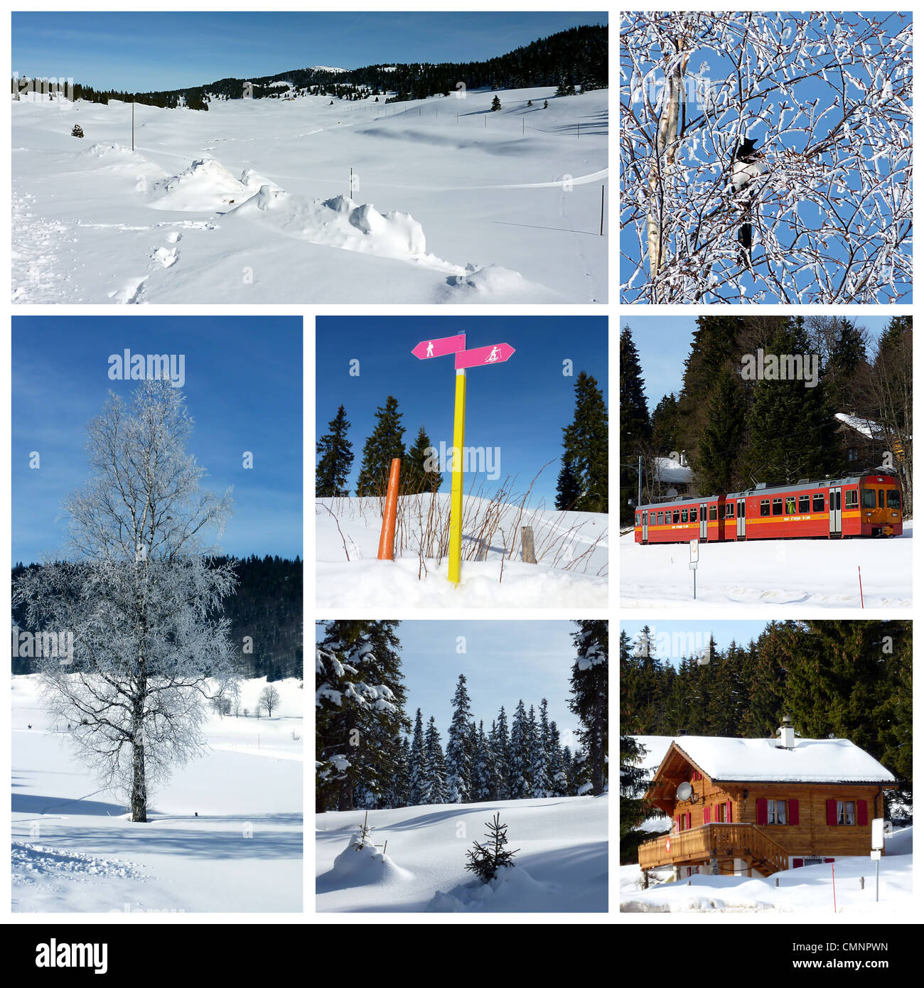 Winter Jura mountain, Switzerland, collage with a wood chalet, a little ...