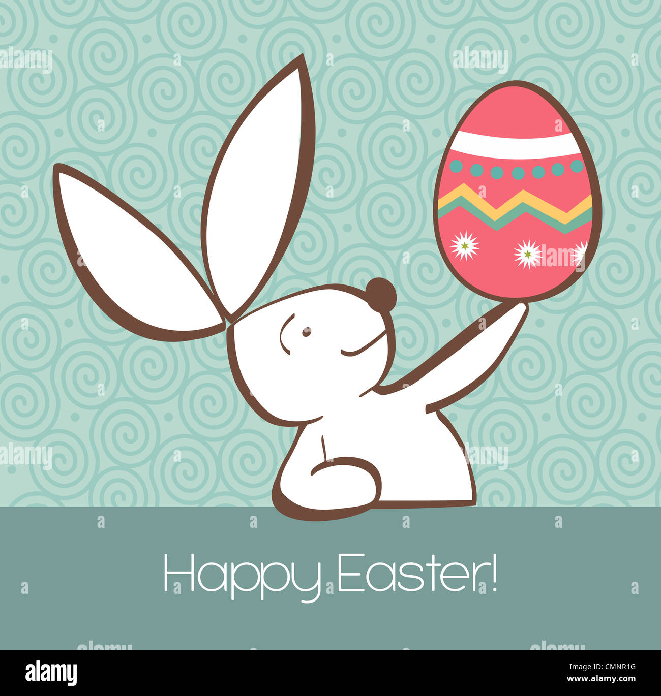 One Easter bunny with painted Easter egg in the hand on pastel green ...