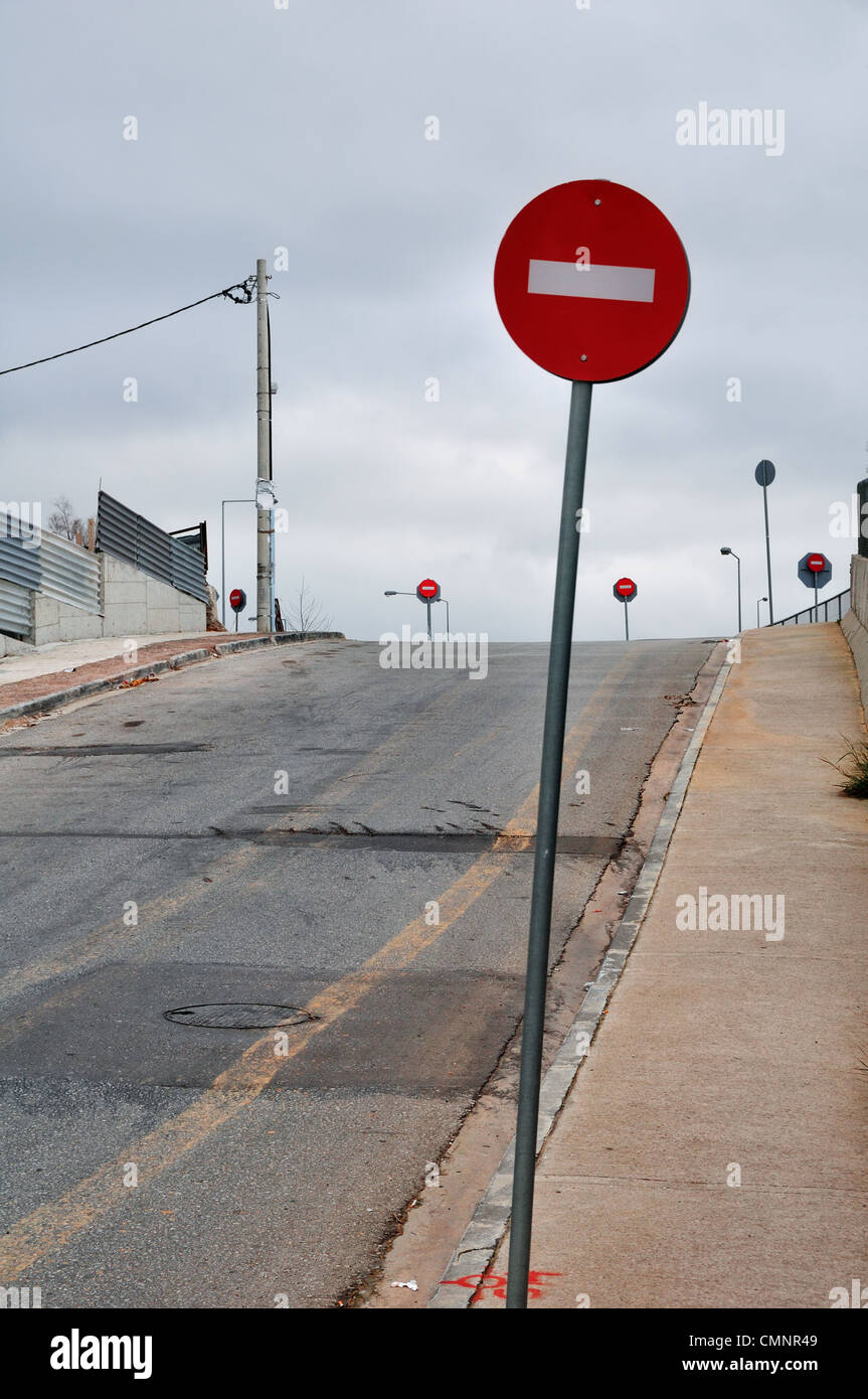 No entry red signs on sloped side street leading to motorway exit ...