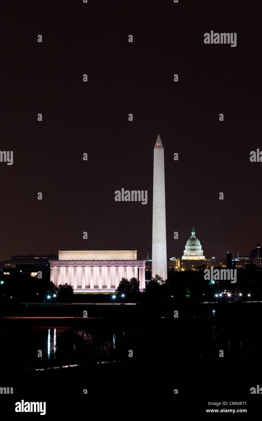 View of Washington DC skyline at night with lit up Lincoln Memorial ...