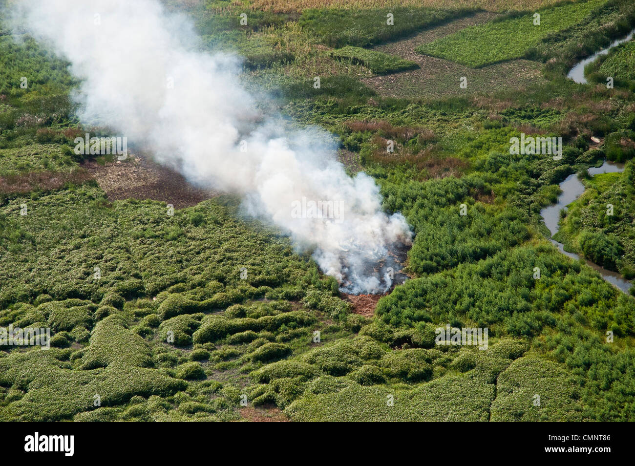 Fire used to clear land for smallholder agriculture, aerial view ...