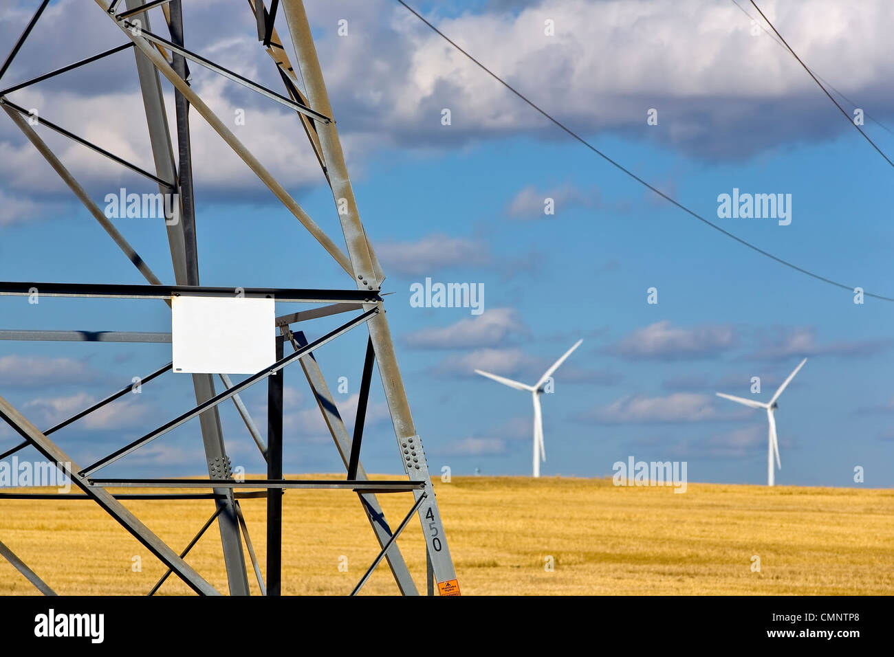 Hydro transmission lines and tower, with wind energy farm in background ...