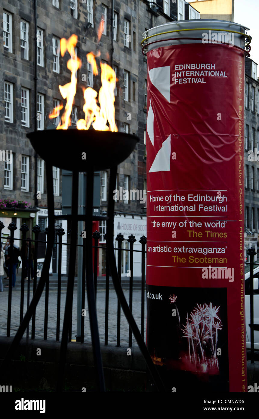 Flaming beacon outside a ticket centre in the Royal Mile, Edinburgh ...