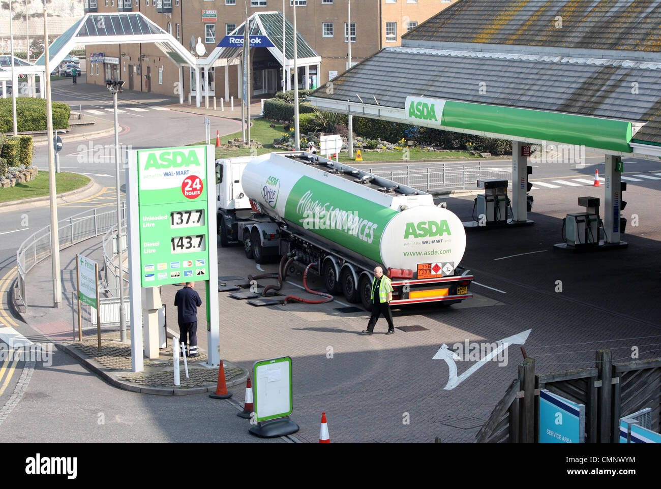 An Asda lorry delivers fuel to a petrol station at Brighton marina ...