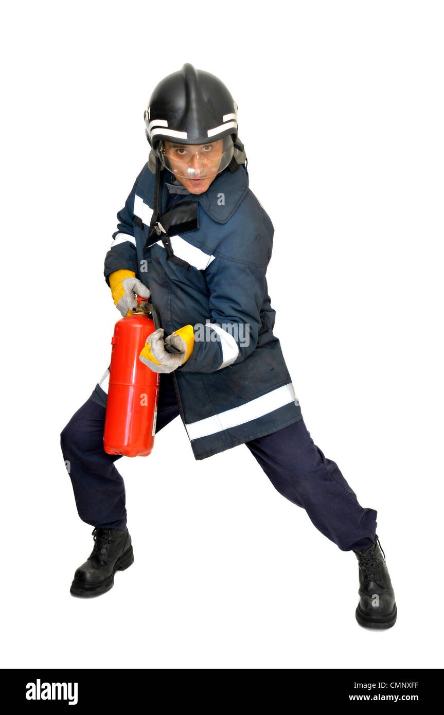 Fireman in uniform isolated in white Stock Photo - Alamy