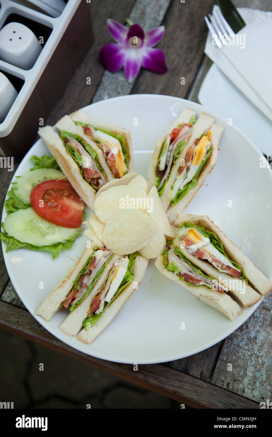 top view Club sandwich with coffee on wood background Stock Photo - Alamy
