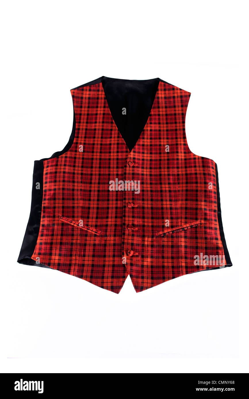 A red and black Check patterned man's waistcoat on a white background ...