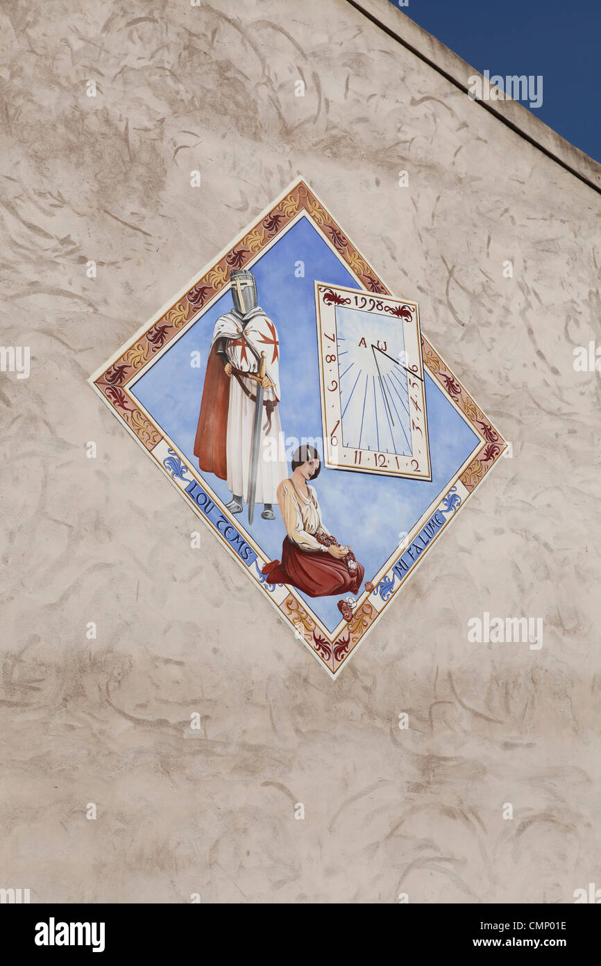 Sundial, depicting Knight's Templar scene, on wall in Arcs sur Argent ...