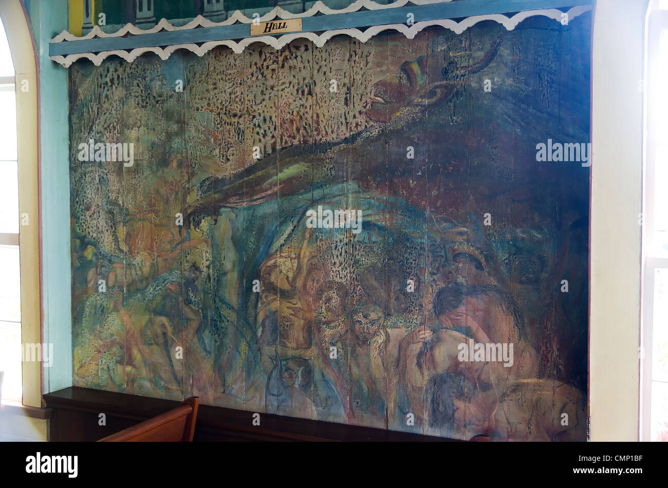 mural depicting hell at the painted church on the Big Island, Hawaii ...