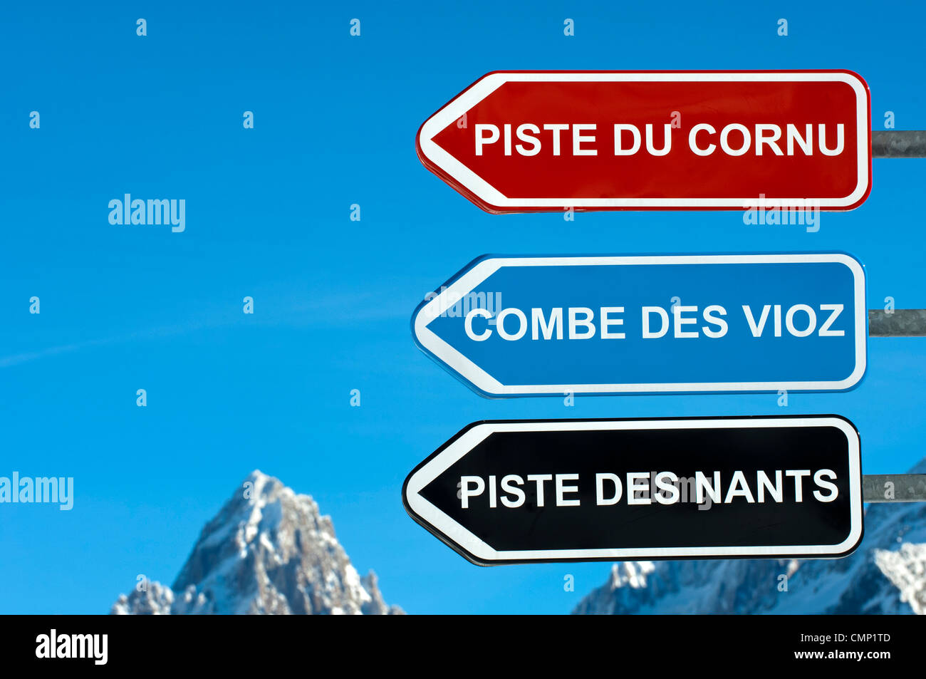 Directional signs to red, blue, and black ski slopes at Planpraz ...