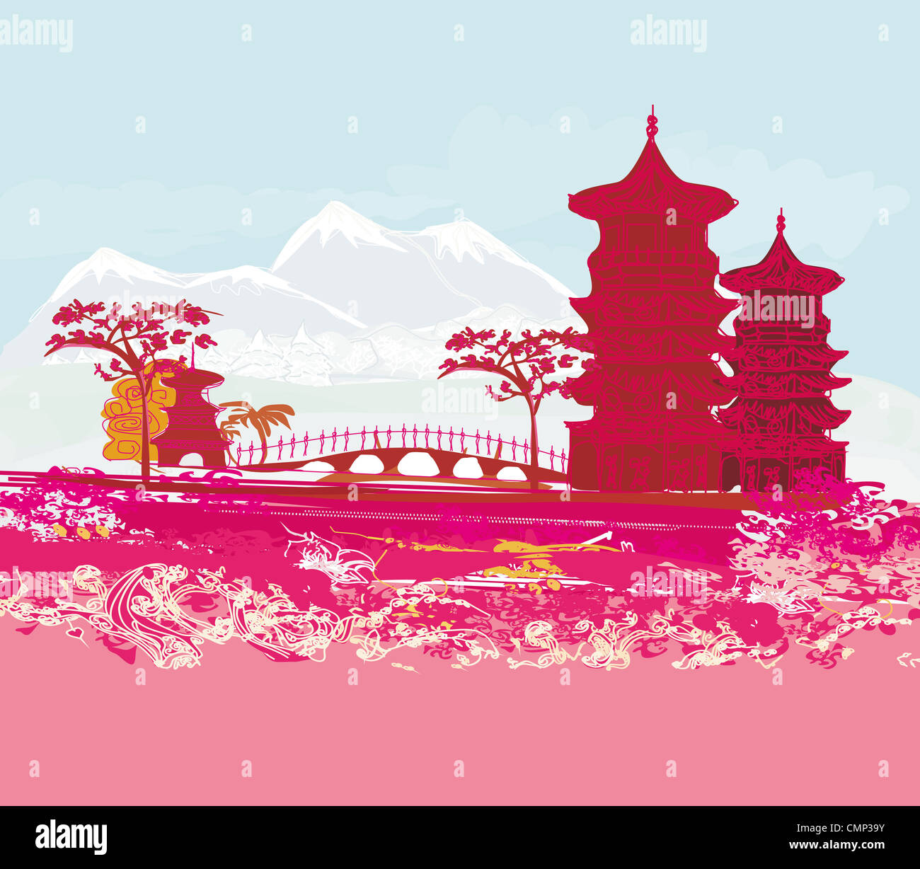 old paper with Asian Landscape Stock Photo - Alamy