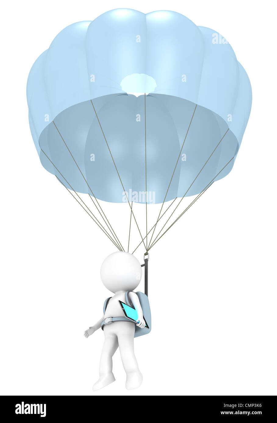 3D little human character with a Parachute and a Tablet Pad Computer ...