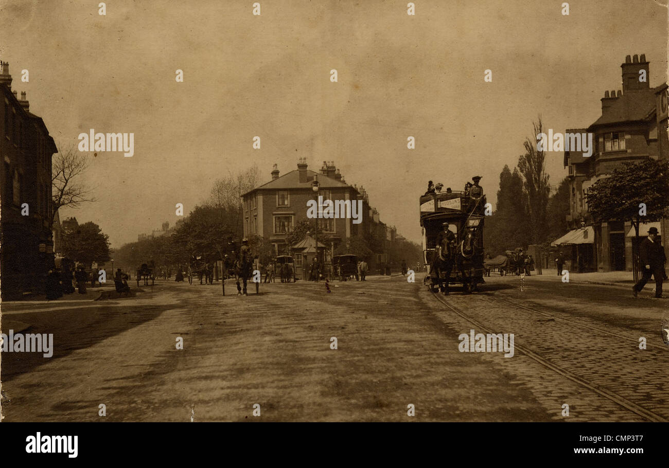 Chapel Ash, Wolverhampton, circa 1901. A horse-drawn tram and vehicles ...