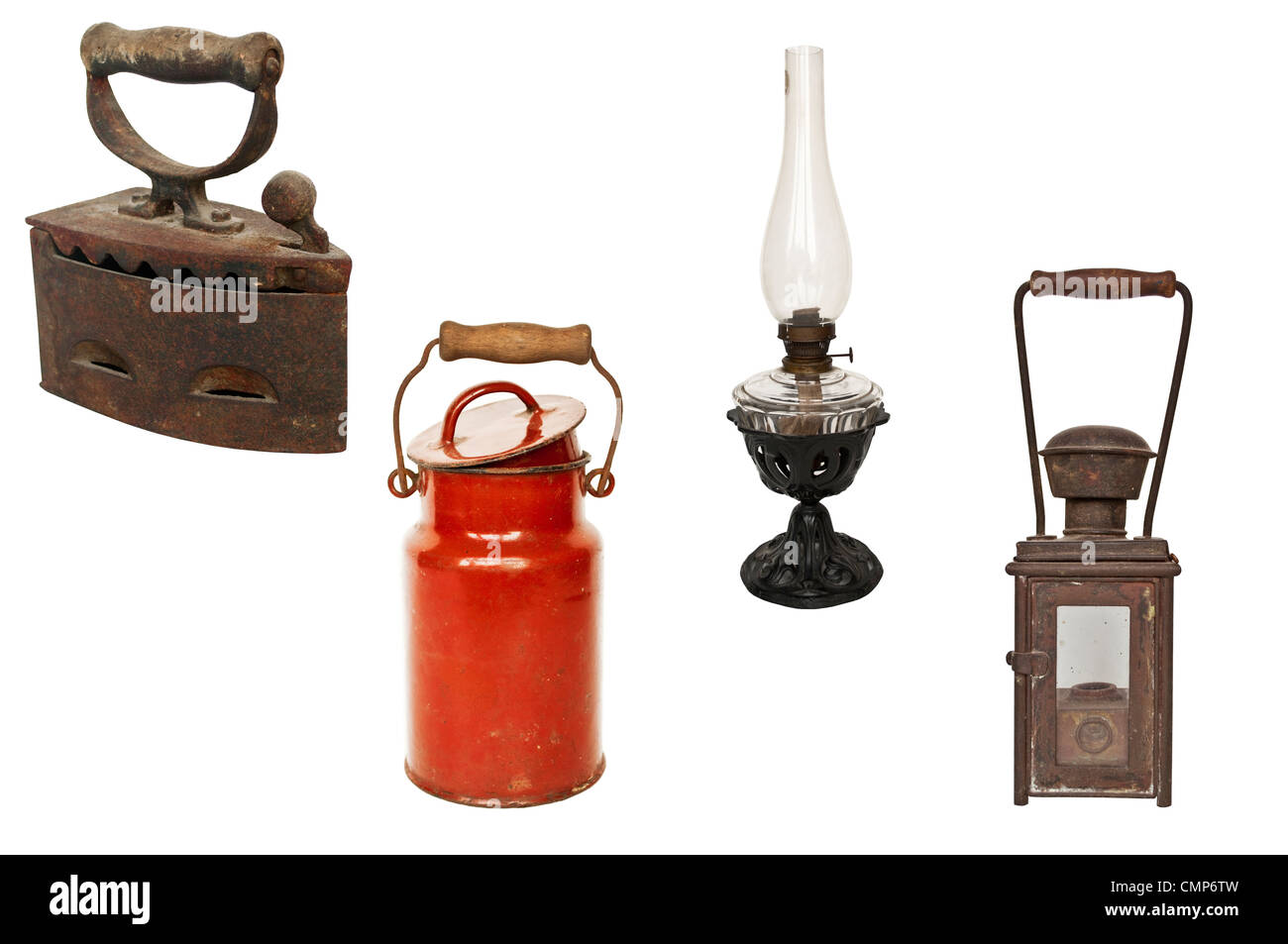 Collection of various antique and vintage objects isolated on white ...