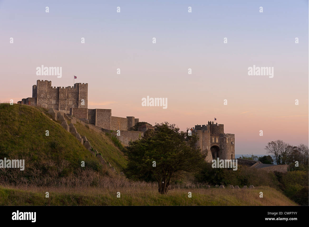 England, Dover castle. Golden hour. Castle on horizon showing walls and ...