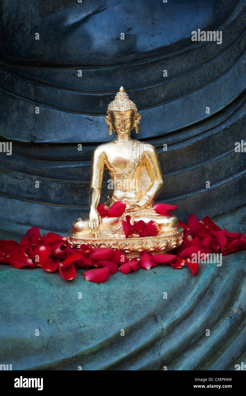 Golden Buddha statue and red rose petals on the lap of a very large ...