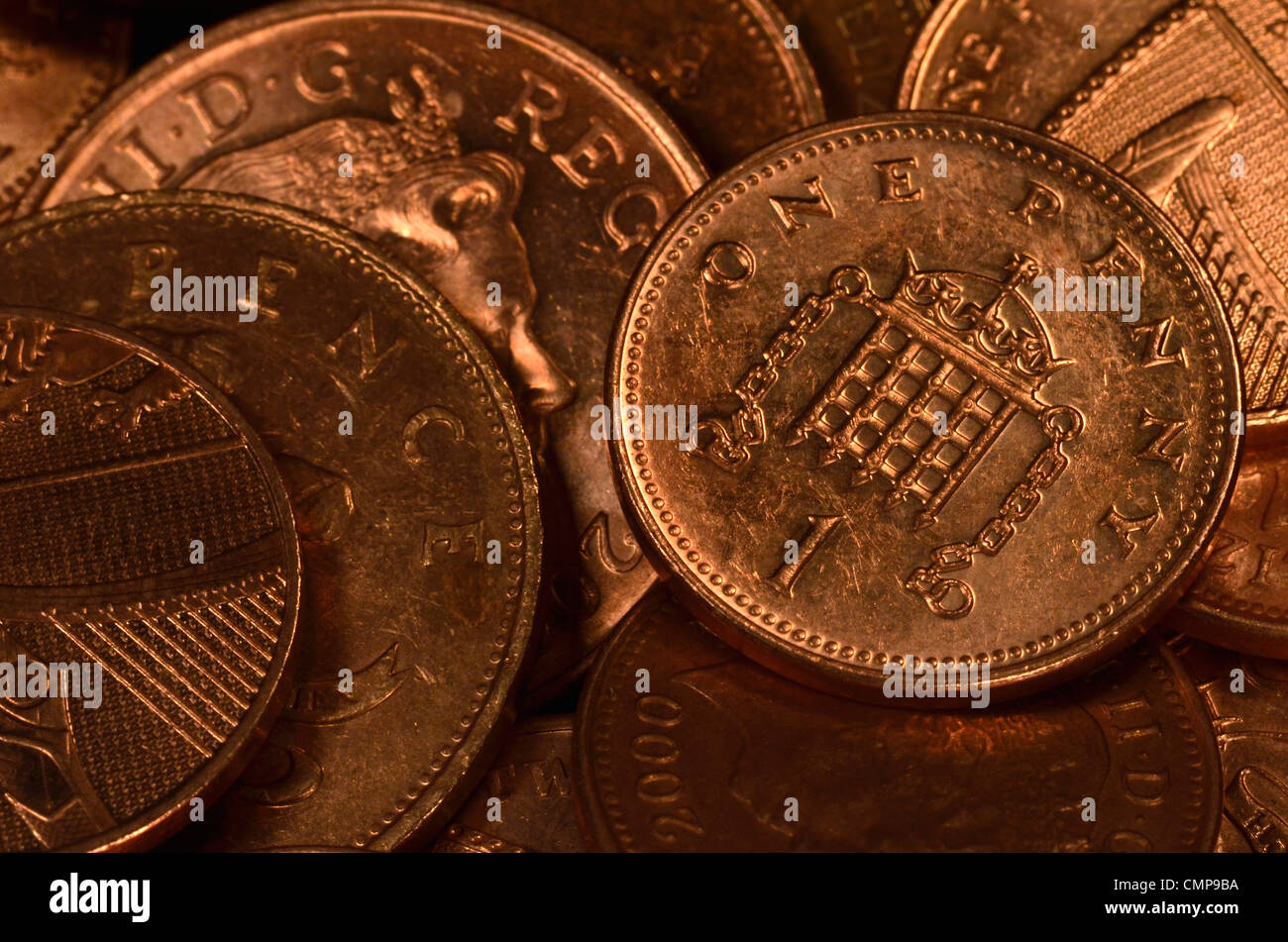 Close detail UK one and two pence coins. 1p and 2p pennies Stock Photo ...
