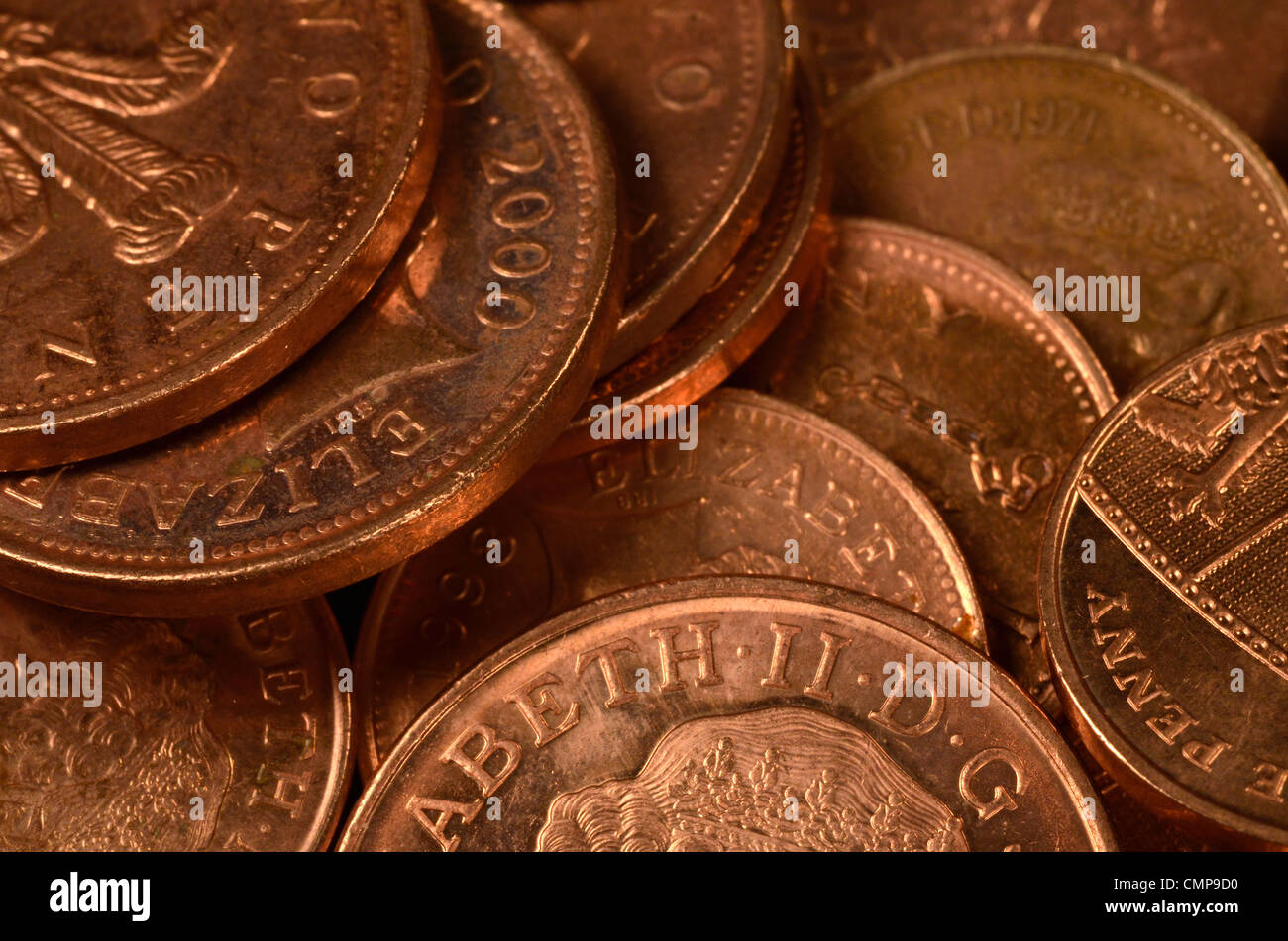 Close detail UK one and two pence coins. 1p and 2p pennies Stock Photo ...