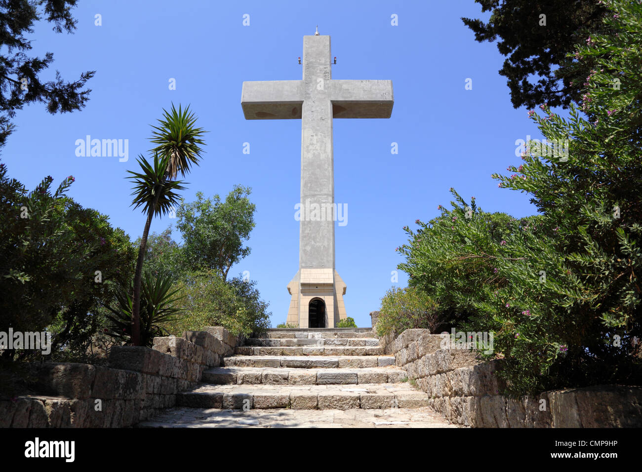 cross and the observation deck on the mount filerimos, Greece, Rhodes ...
