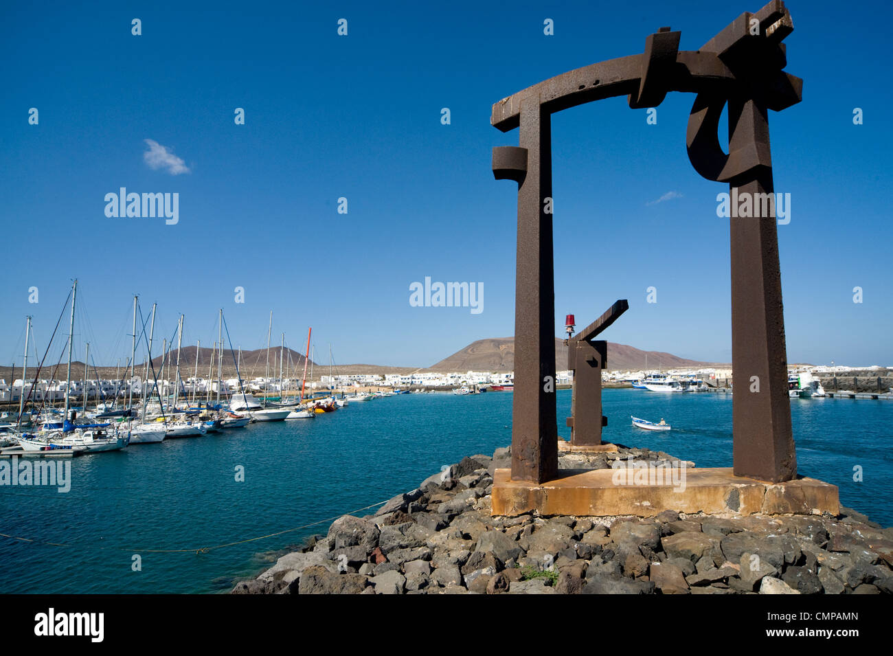 Marina and the town of Caleta del Sebo on the island of La Graciosa ...