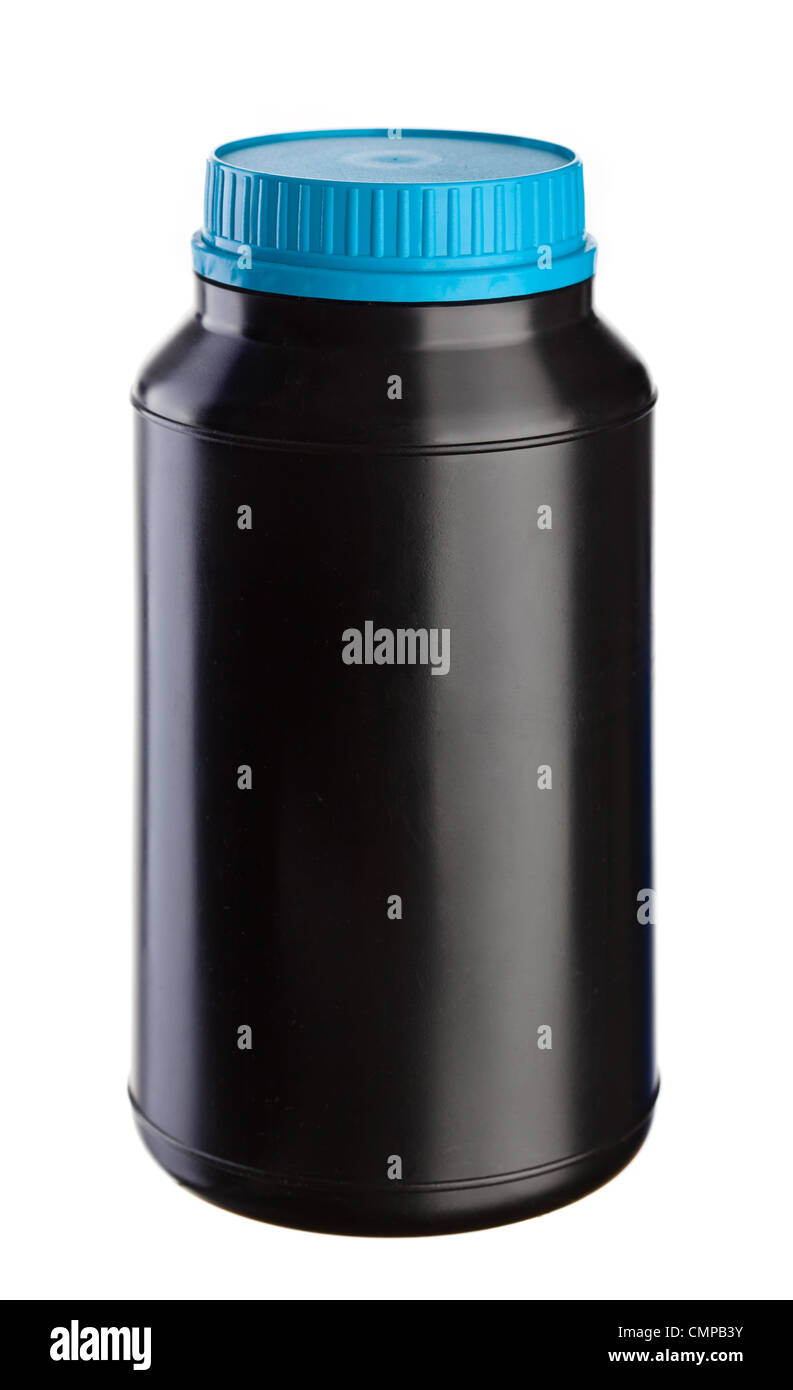 Black plastic jar with blue lid isolated on a white background. Place ...
