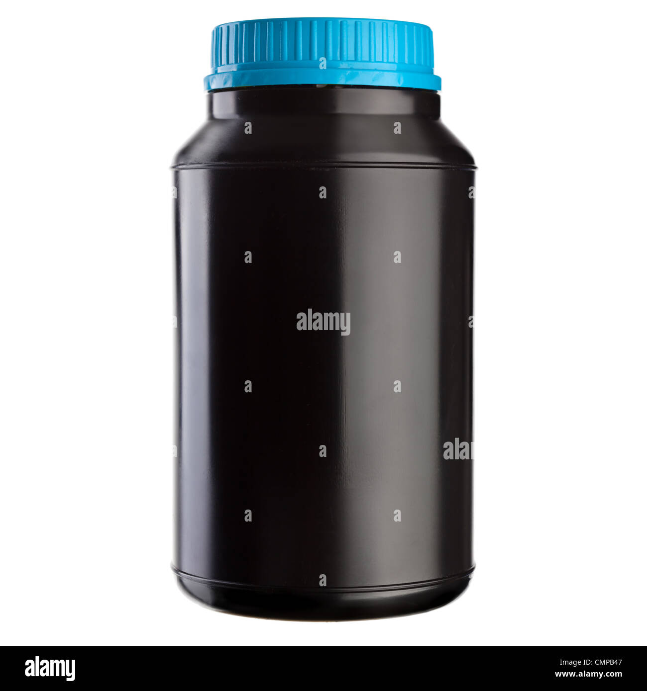 Black plastic jar with blue lid isolated on a white background. Place ...